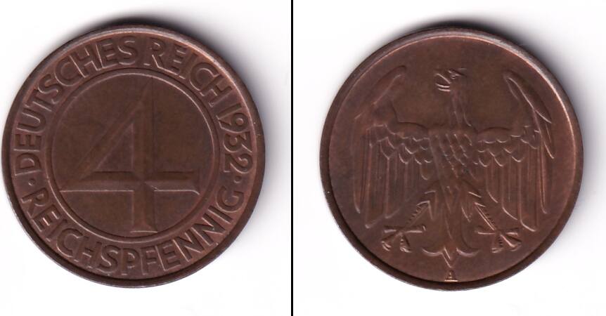 Weimarer Republik Taler DEUTSCHES REICH 4 Reichspfennig 1932 A (J.315 ...