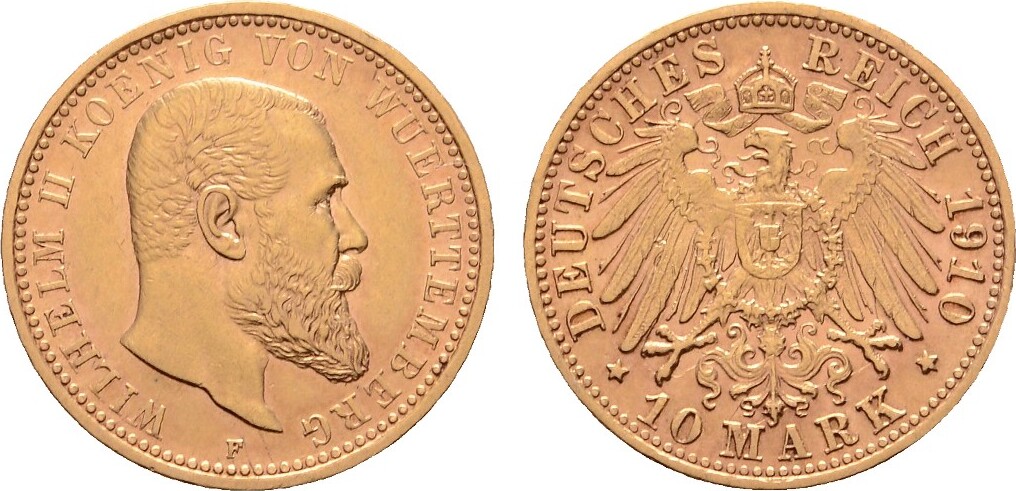 Württemberg 10 Mark 1910, F - Stuttgart. Wilhelm II., 1891-1918. Vorzüglich/Stempelglanz | MA-Shops