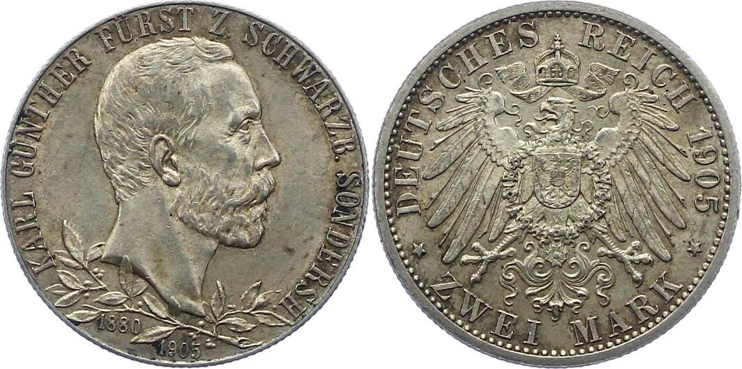 Schwarzburg-Sondershausen 2 Mark 1905 Karl Günther 1880-1909. Schöne Patina. Vorzüglich + | MA-Shops