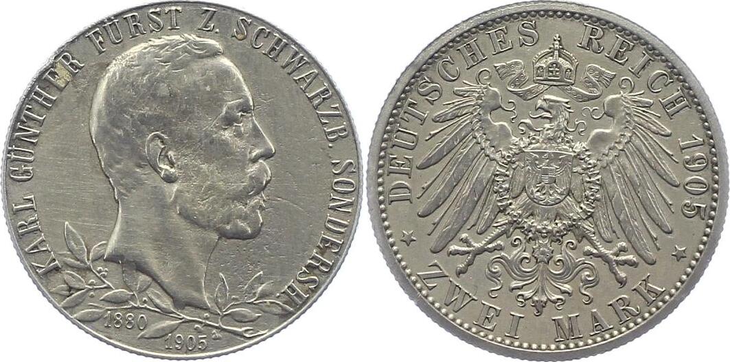 Schwarzburg-Sondershausen 2 Mark 1905 Karl Günther 1880-1909. Leichte Fassungsspuren, sehr schön ...
