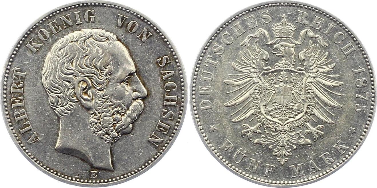 Sachsen 5 Mark 1875 E Albert 1873-1902. Sehr schön - vorzüglich | MA-Shops
