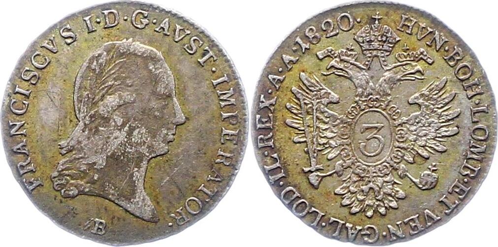 Haus Habsburg 3 Kreuzer 1820 B Franz II.(I.) 1792-1835. Sehr schön + | MA-Shops