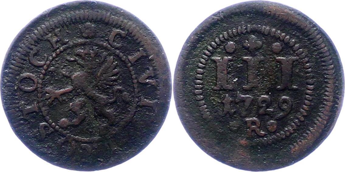 Mecklenburg-Rostock, Stadt Cu 3 Pfennig 1729 R Fast sehr schön | MA-Shops