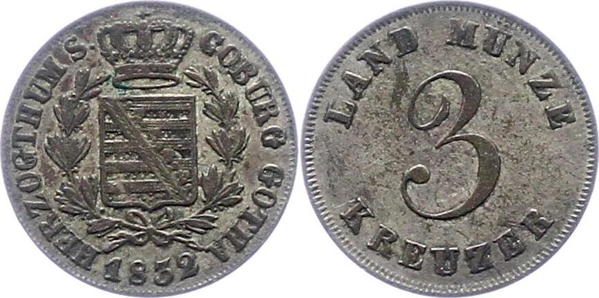 Sachsen-Coburg-Gotha 3 Kreuzer 1832 Ernst I. 1806-1844. Sehr schön | MA-Shops