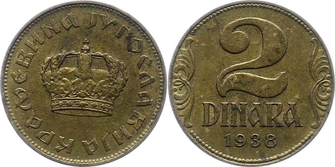 Jugoslawien 2 Dinara 1938 Peter II. 1934-1945. Vorzüglich + | MA-Shops
