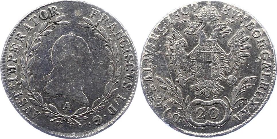 Haus Habsburg 20 Kreuzer 1809 A Franz II.(I.) 1792-1835. Randfehler, schön - sehr schön | MA-Shops
