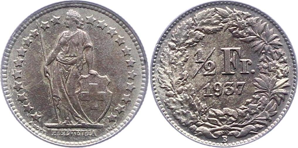 Schweiz-Eidgenossenschaft 1/2 Franken 1937 B Vorzüglich - Stempelglanz | MA-Shops