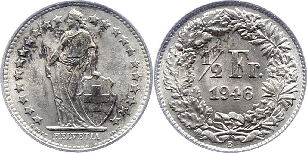 Schweiz-Eidgenossenschaft 1/2 Franken 1946 B Vorzüglich - Stempelglanz | MA-Shops