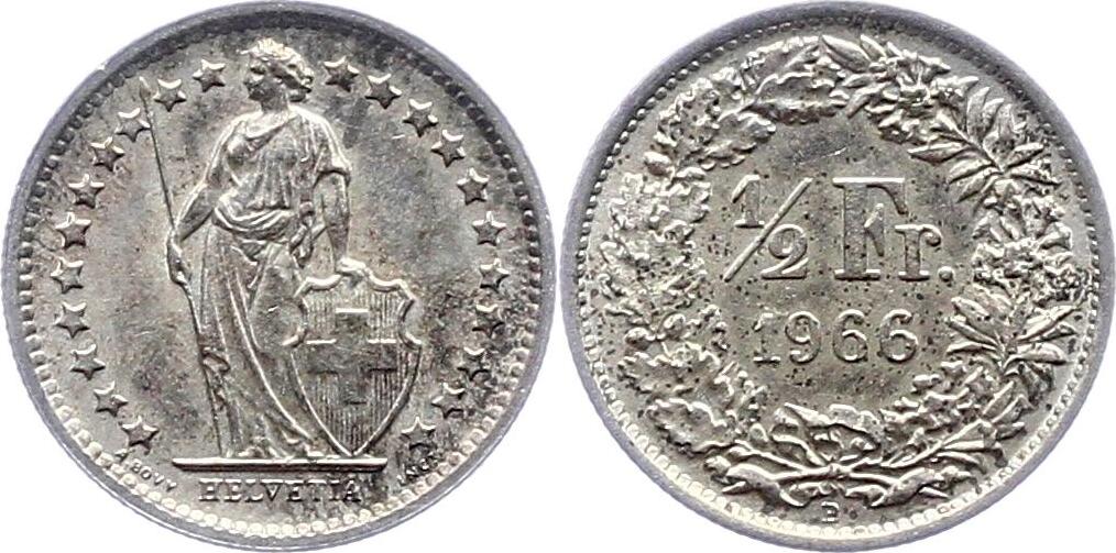 Schweiz-Eidgenossenschaft 1/2 Franken 1966 B Fast Stempelglanz | MA-Shops