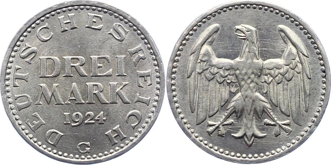 Weimarer Republik 3 Mark 1924 G Fast vorzüglich | MA-Shops