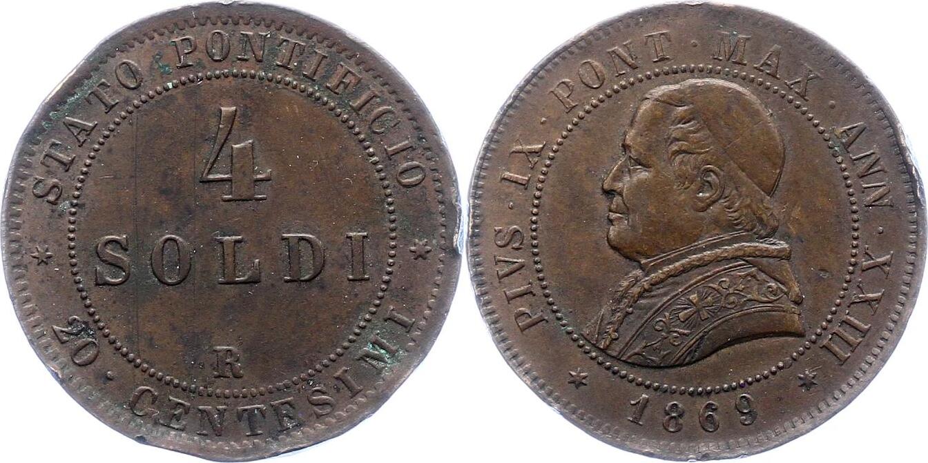 Italien-Kirchenstaat Vatikan 4 Soldi 1869 R Pio IX. 1846-1878. Randfehler, fast sehr schön | MA ...