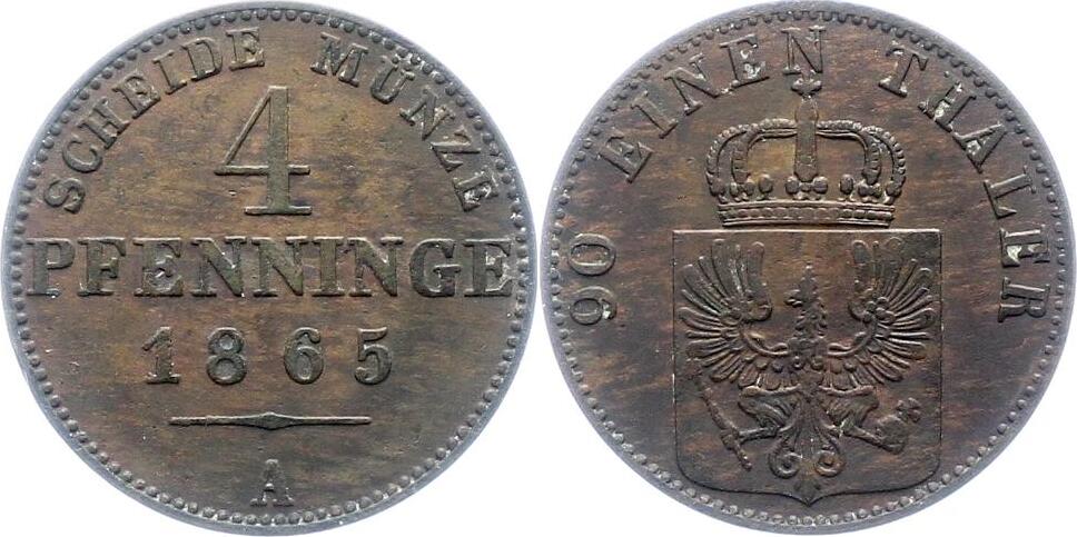 Brandenburg-Preußen 4 Pfennig 1865 A Wilhelm I. 1861-1888. Sehr schön ...