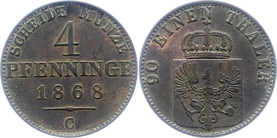Brandenburg-Preußen 4 Pfennig 1868 C Wilhelm I. 1861-1888. Sehr schön ...