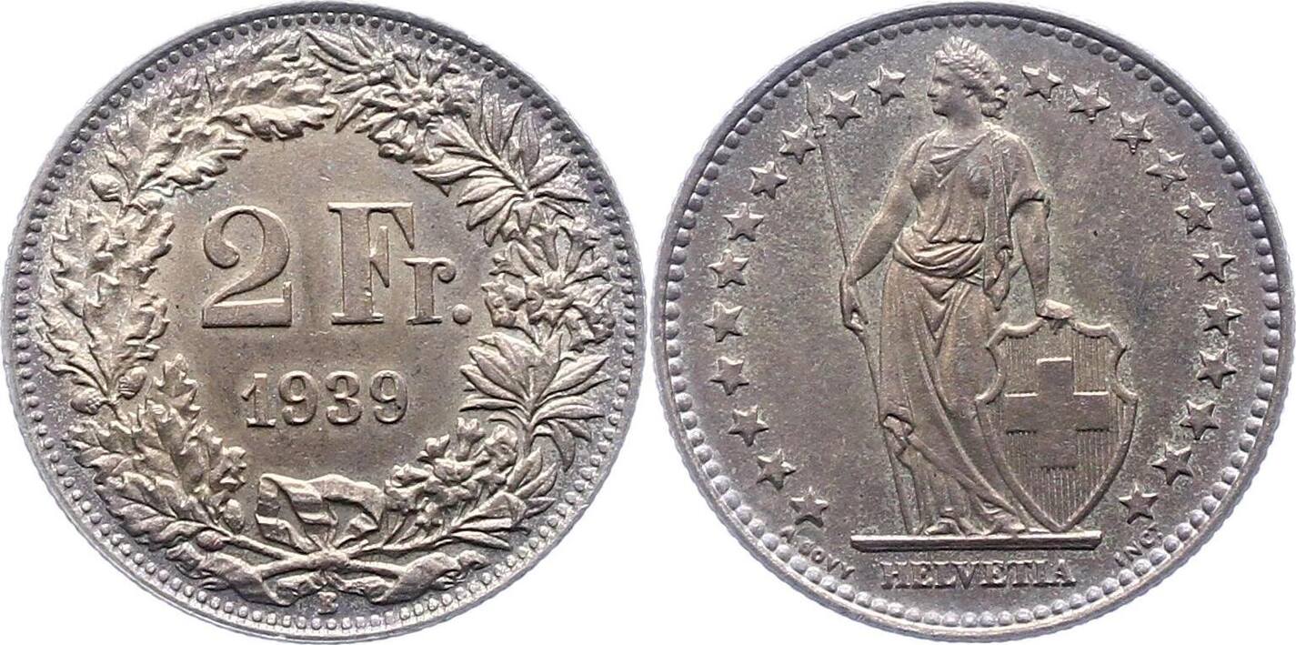 Schweiz-Eidgenossenschaft 2 Franken 1939 B Vorzüglich - Stempelglanz | MA-Shops