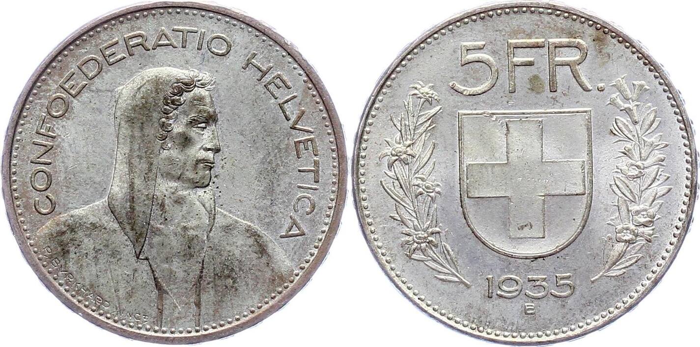 Schweiz-Eidgenossenschaft 5 Franken 1935 B Vorzüglich | MA-Shops