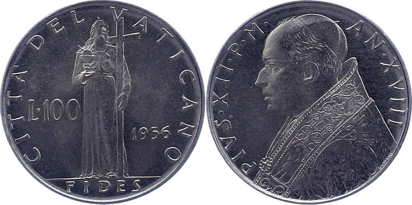 Italien-Kirchenstaat Vatikan 100 Lire 1956 Pio XII. 1939-1958. Fast Stempelglanz | MA-Shops