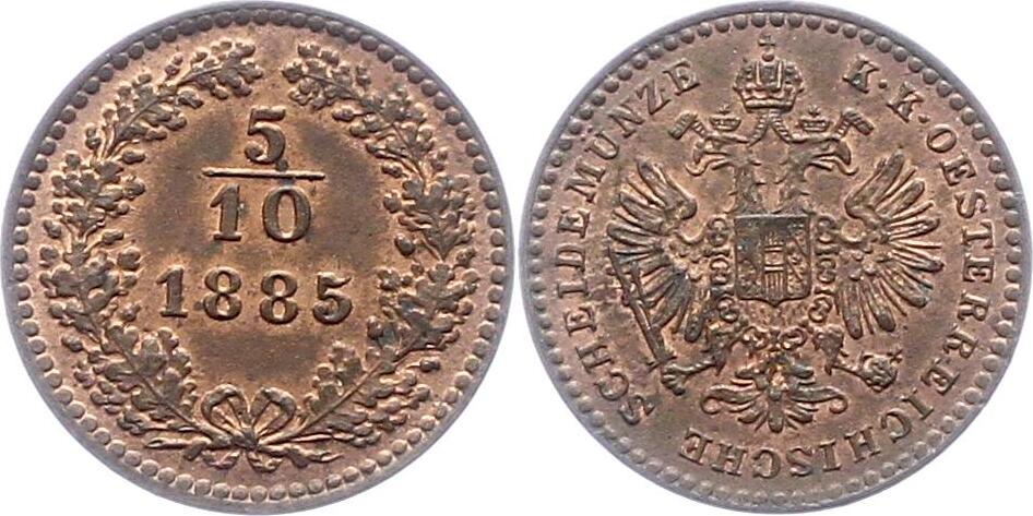 Haus Habsburg 5/10 Kreuzer 1885 Franz Joseph I. 1848-1916. Fast Stempelglanz | MA-Shops