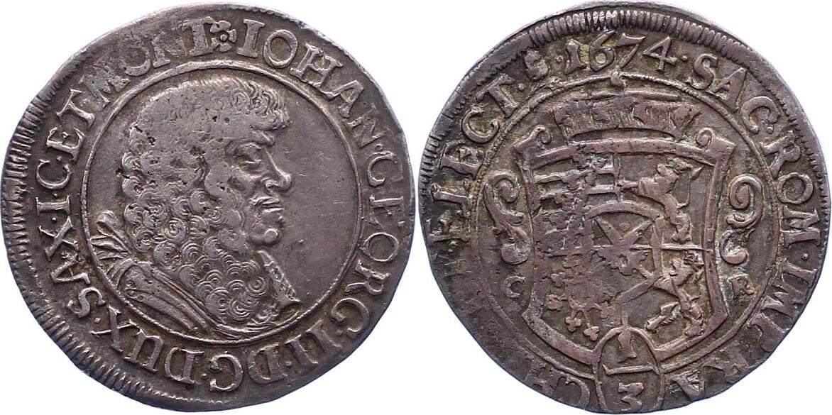 Sachsen-Albertinische Linie 1/3 Taler 1674 CR Johann Georg II. 1656 ...