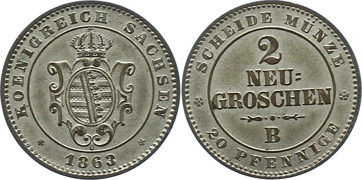 Sachsen-Albertinische Linie 2 Neugroschen 1863 F Johann 1854-1873. Vorzüglich - Stempelglanz ...