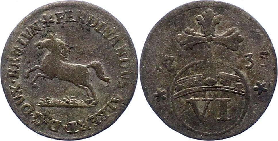 Braunschweig-Wolfenbüttel 6 Pfennig Ferdinand Albrecht II. 1735. Sehr ...