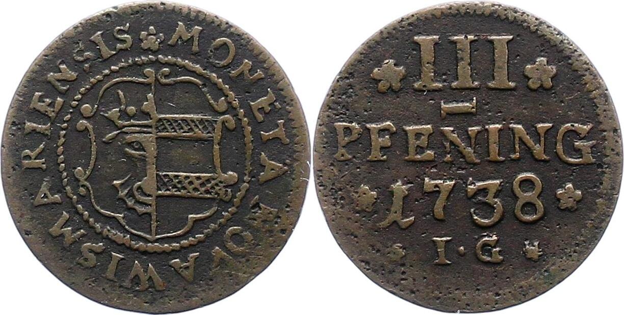 Mecklenburg-Wismar, Stadt 3 Pfennig 1738 IG Schrötlingsfehler, sehr ...