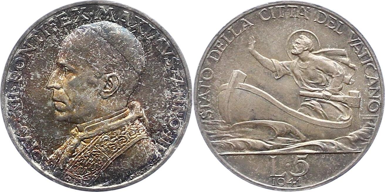 Italien-Kirchenstaat Vatikan 5 Lire 1941 Pio XII. 1939-1958. Schöne Patina. Fast Stempelglanz ...