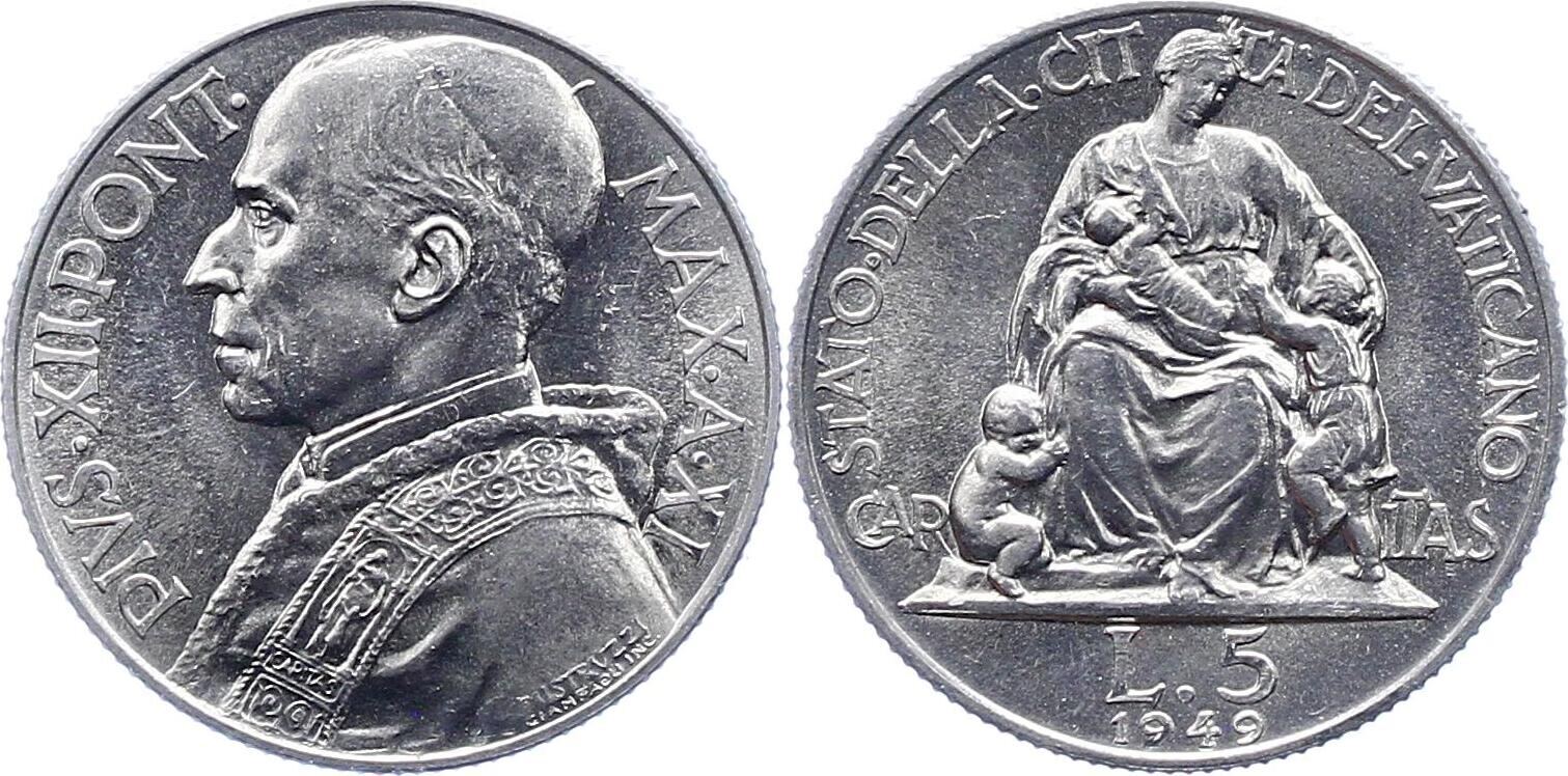 Italien-Kirchenstaat Vatikan 5 Lire 1949 Pio XII. 1939-1958. Fast Stempelglanz | MA-Shops