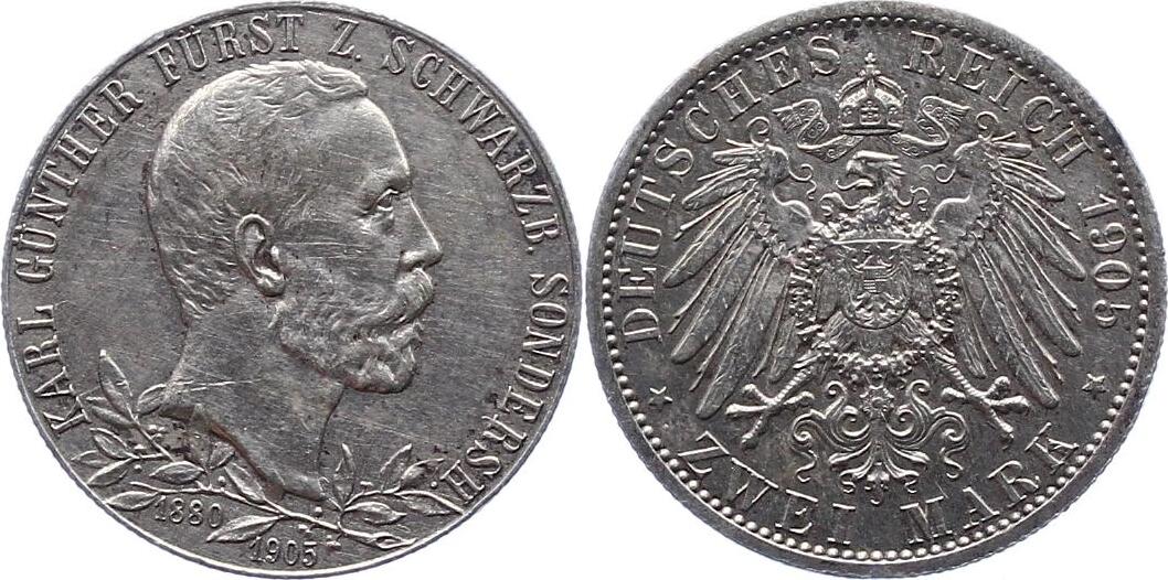 Schwarzburg-Sondershausen 2 Mark 1905 Karl Günther 1880-1909. Berieben, sehr schön | MA-Shops