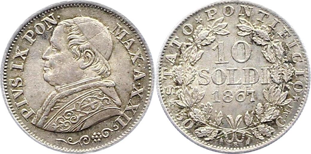 Italien-Kirchenstaat Vatikan 10 Soldi 1867 R Pio IX. 1846-1878. Fast Stempelglanz | MA-Shops