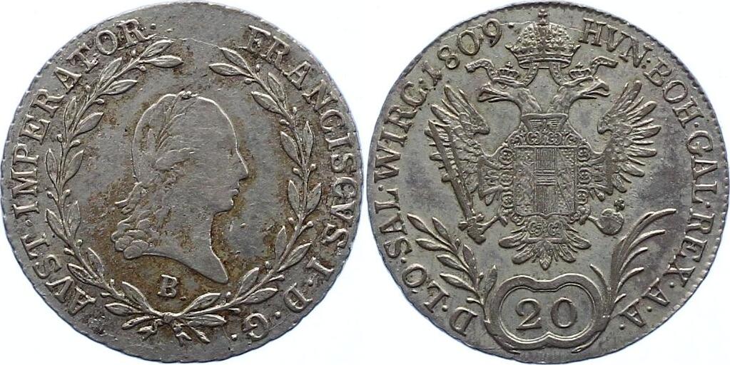 Haus Habsburg 20 Kreuzer 1809 B Franz II.(I.) 1792-1835. Sehr schön + | MA-Shops