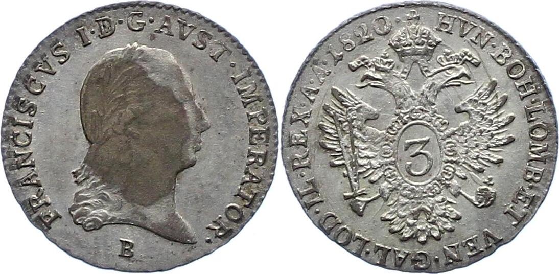 Haus Habsburg 3 Kreuzer 1820 B Franz II.(I.) 1792-1835. Belag, vorzüglich | MA-Shops