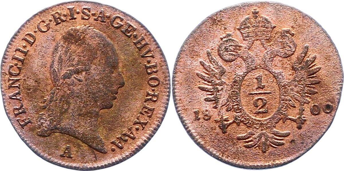 Haus Habsburg 1/2 Kreuzer 1800 A Franz II.(I.) 1792-1835. Gereinigt, rau, schön - sehr schön ...