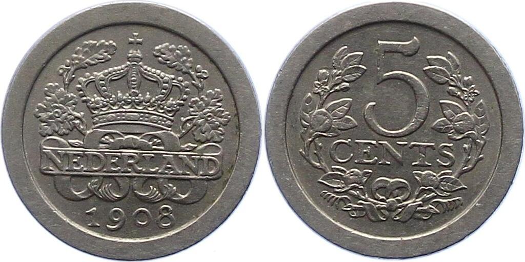 Niederlande-Königreich 5 Cent 1908 Wilhelmina I. 1890-1948. Vorzüglich ...