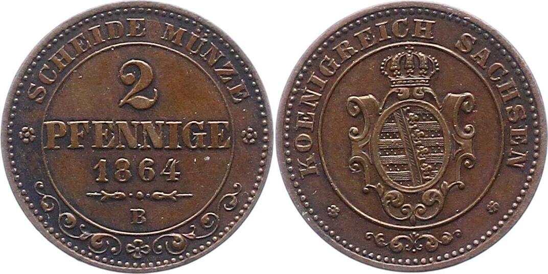 Sachsen-Albertinische Linie 2 Pfennig 1864 B Johann 1854-1873. Fast ...