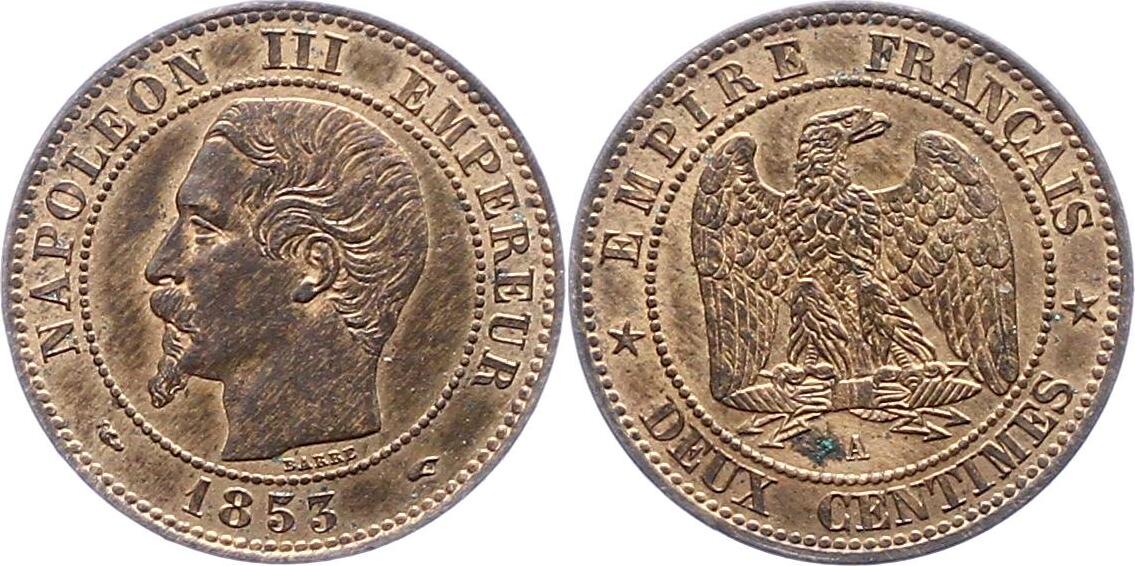 Frankreich 2 Centime 1853 BB Napoleon III. 1852-1870. Kleiner Fleck. Vorzüglich + | MA-Shops