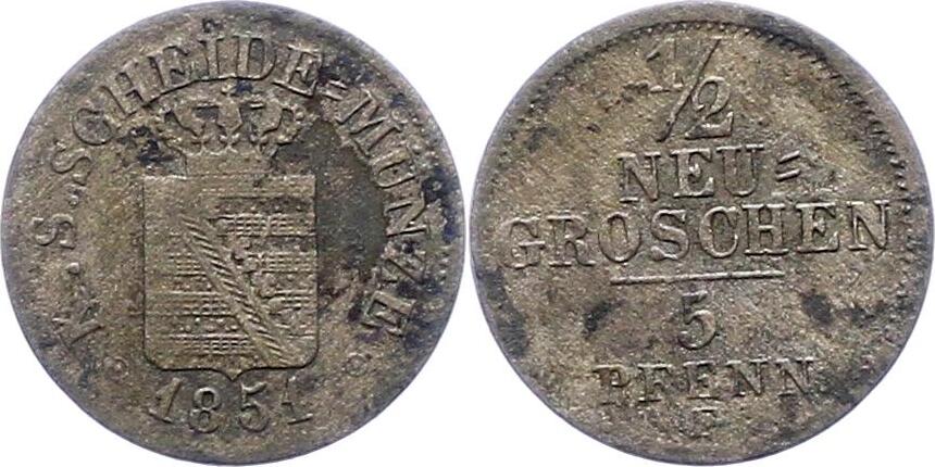Sachsen-Albertinische Linie 1/2 Neugroschen 1851 F Friedrich August II. 1836-1854. Schön | MA-Shops