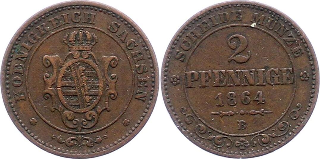 Sachsen-Albertinische Linie 2 Pfennig 1864 B Johann 1854-1873. Sehr schön | MA-Shops