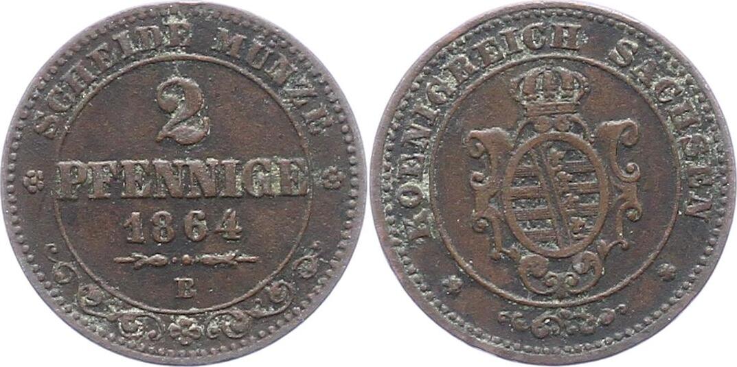 Sachsen-Albertinische Linie 2 Pfennig 1864 B Johann 1854-1873. Belag ...