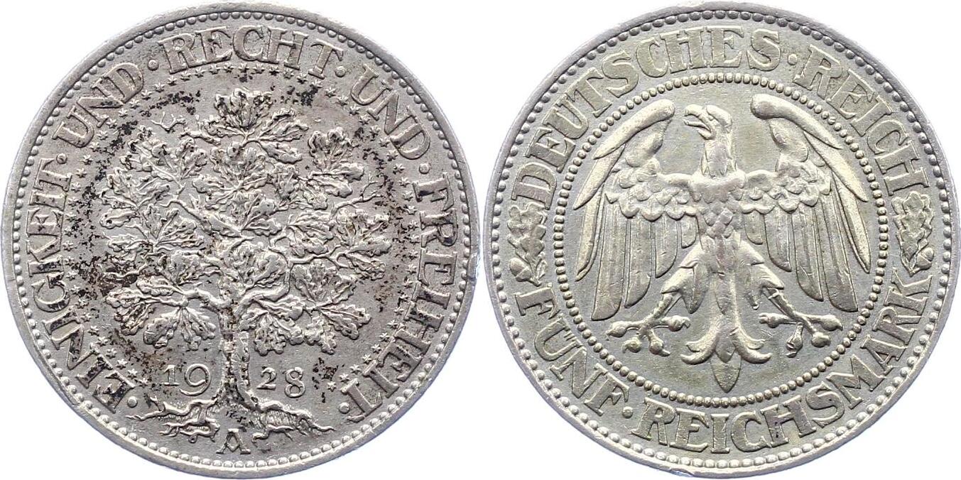 Weimarer Republik 5 Mark 1928 A Winz. Randfehler, sehr schön ...