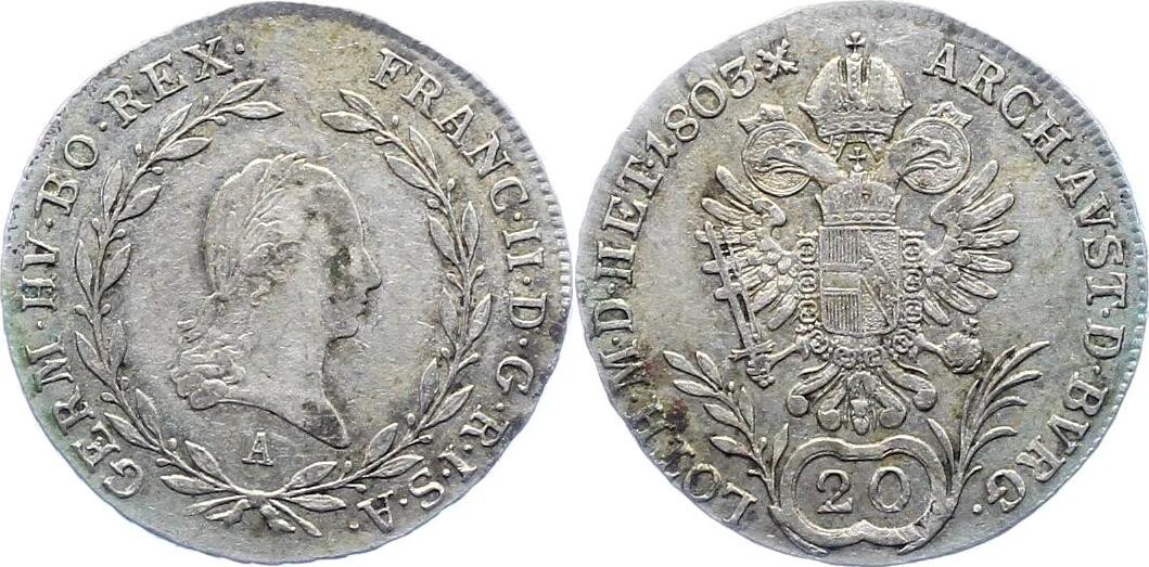 Haus Habsburg 20 Kreuzer 1803 A Franz II.(I.) 1792-1835. Sehr schön + | MA-Shops