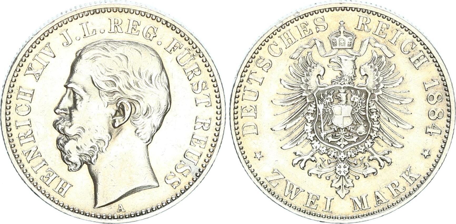 Reuß jüngerer Linie 2 Mark 1884 A Heinrich XIV. 1867 - 1913 sehr schön ...