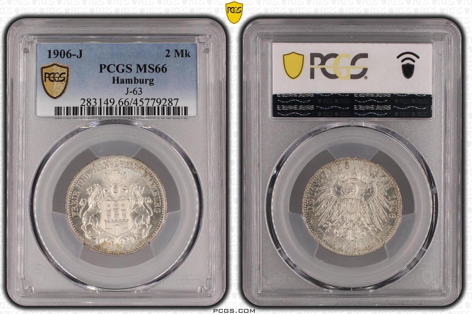 Hamburg Stadt 2 Mark 1906 J PCGS MS66 TOP POP stempelglanz | MA-Shops