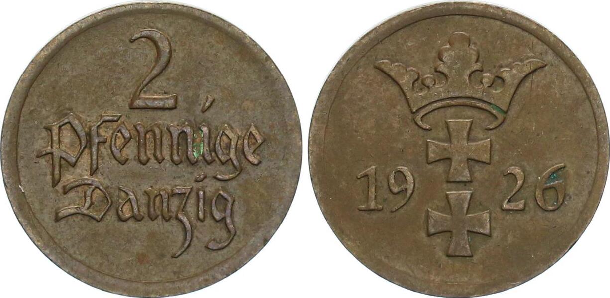Danzig, Freie Stadt 2 Pfennig 1926 (A) Wappen von Danzig vorzüglich ...