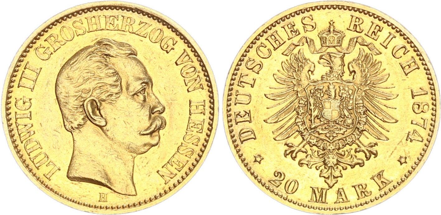 Hessen 20 Mark 1874 H Ludwig III. 1848 - 1877 vorzüglich | MA-Shops