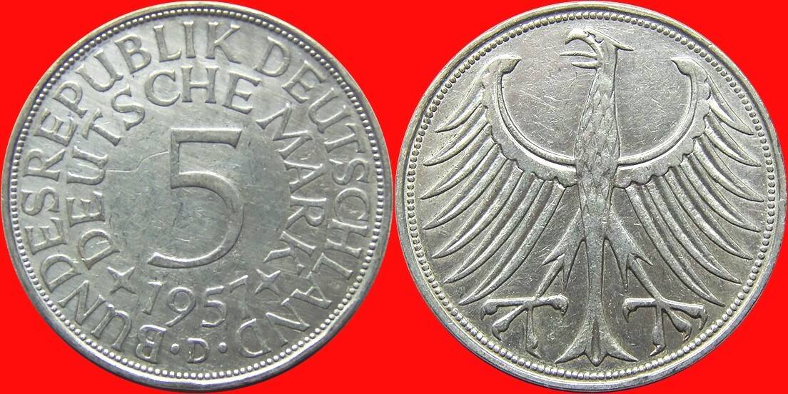 (5/Küpp) BRD 5 DM J. 387 Adler 1957 D sehr schön - vorzüglich | MA-Shops
