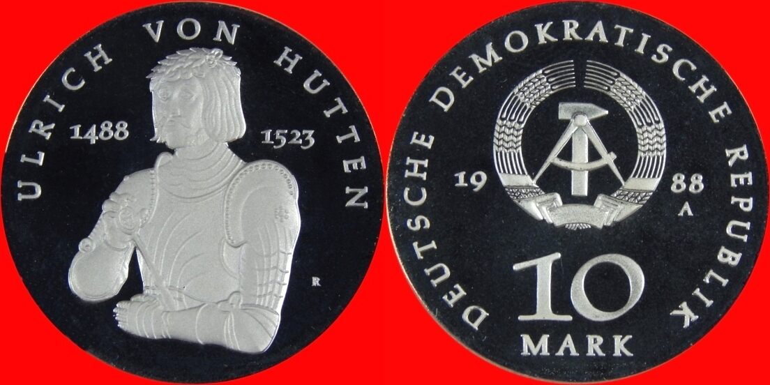 DDR 10 Mark 1988 Ulrich von Hutten Silber Polierte Platte offen, Proof ...