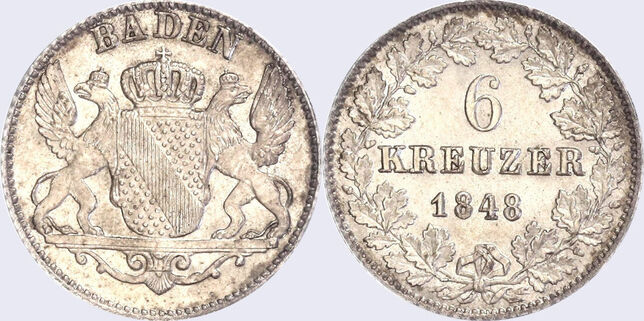Baden, Großherzogtum (3/66Wa) Carl Leopold Friedrich, 6 Kreuzer 1848 ...