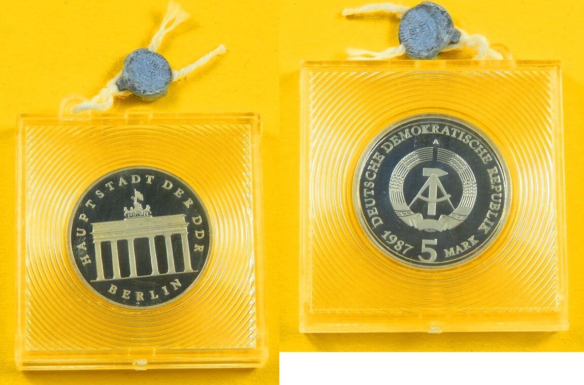 DDR 5 Mark Brandenburger Tor 1987 Polierte Platte verplombt, Proof PP ...