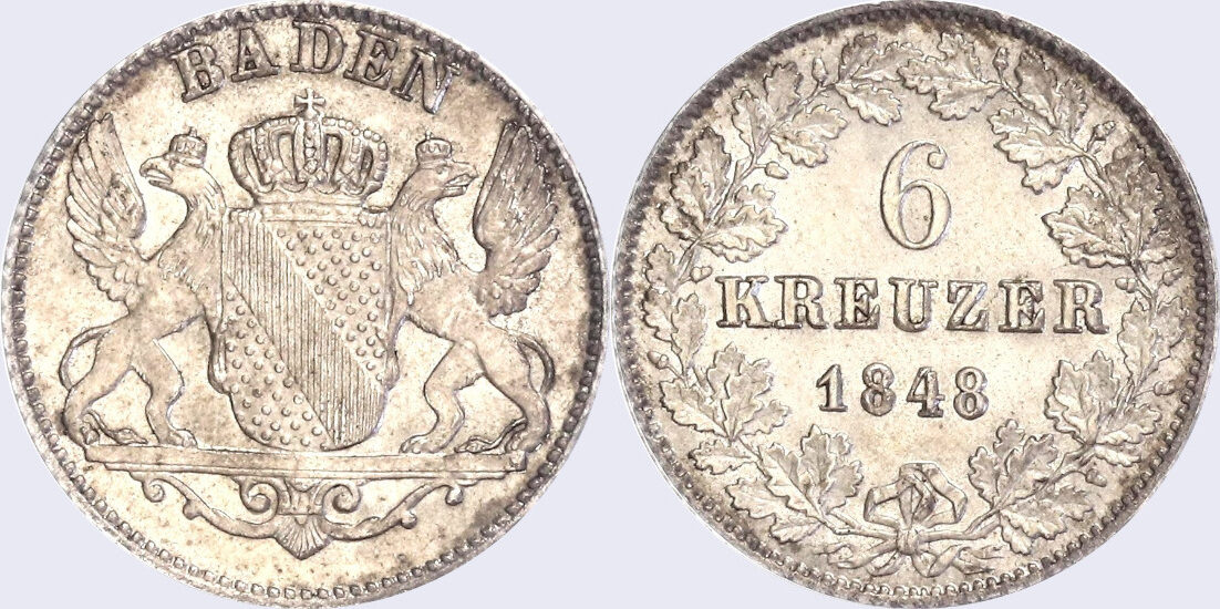 Baden, Großherzogtum (3/66Wa) Carl Leopold Friedrich, 6 Kreuzer 1848 ...