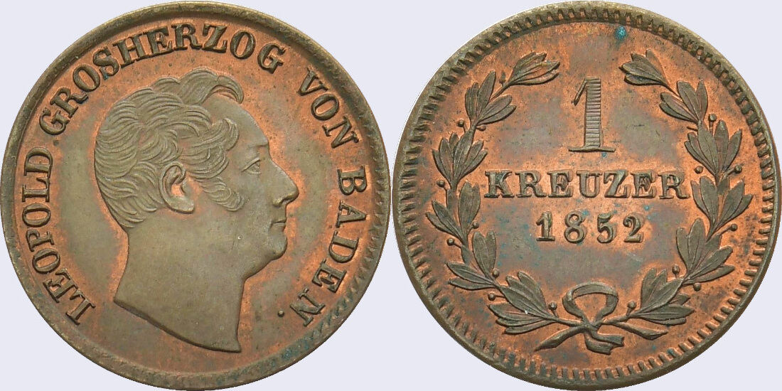 Baden, Großherzogtum (10/10Unc) Carl Leopold Friedrich, 1 Kreuzer 1852 ...